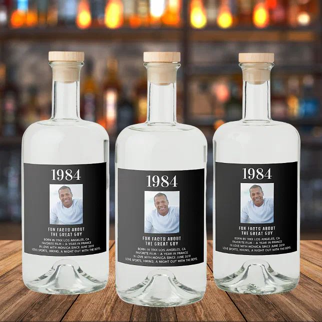 Birthday black photo fun facts bio year birth liquor bottle label | Zazzle