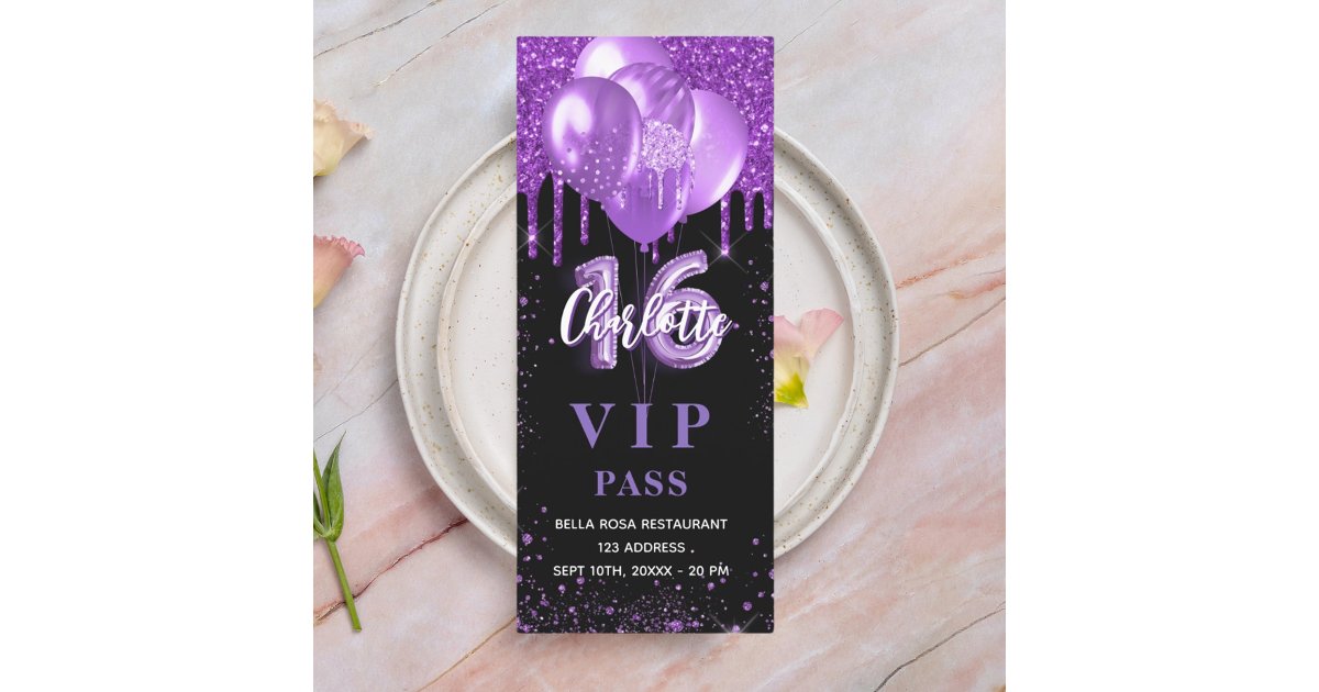 Birthday black purple balloon vip invitation | Zazzle