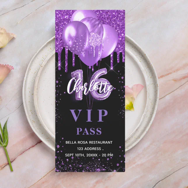 Birthday black purple balloon vip invitation | Zazzle