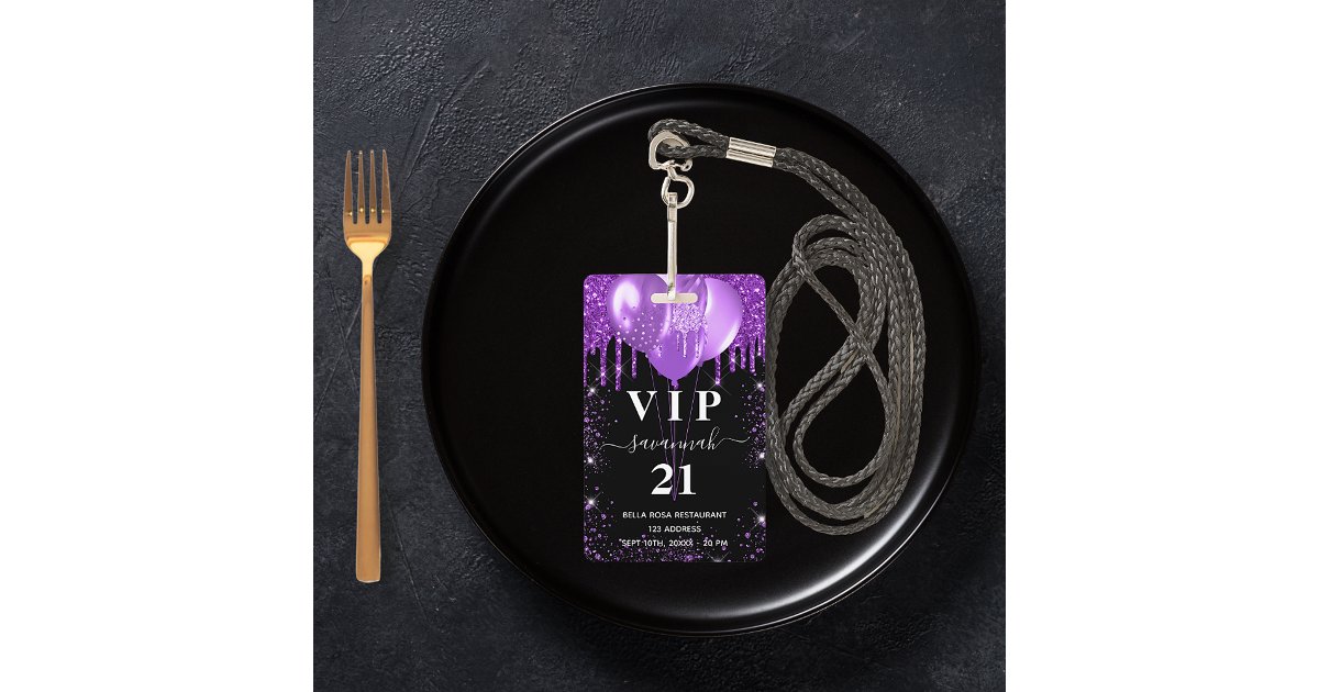 Birthday black purple balloon vip invitation badge | Zazzle