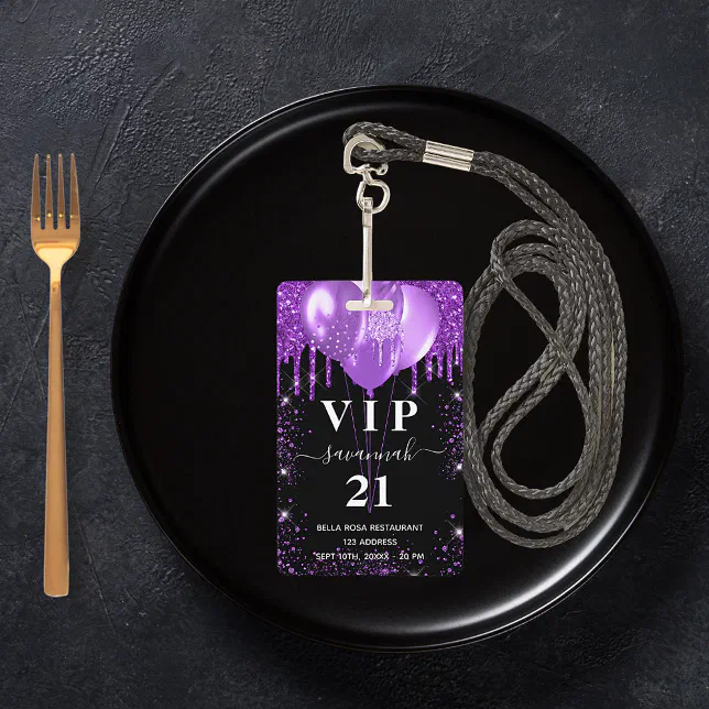 Birthday black purple balloon vip invitation badge | Zazzle