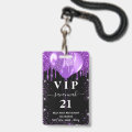 Birthday black purple balloon vip invitation badge | Zazzle