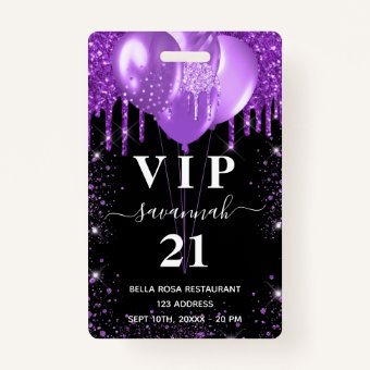 Birthday black purple balloon vip invitation badge | Zazzle