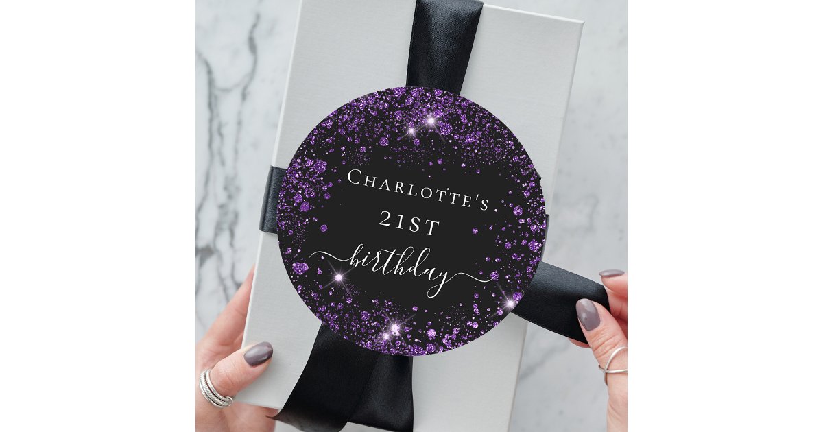 Birthday black purple glitter dust monogram name classic round sticker ...