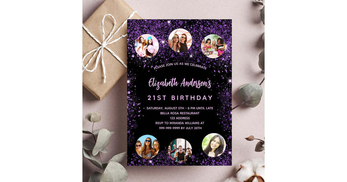Birthday black purple photo best friends invitation | Zazzle