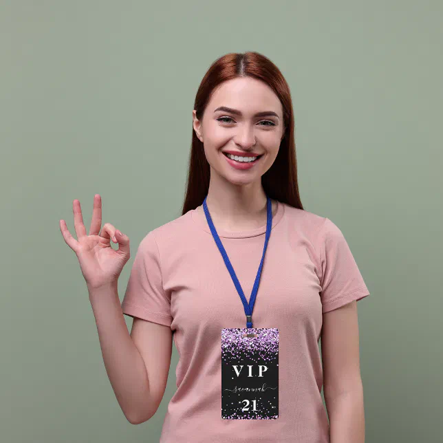 Birthday black purple violet glitter dust name vip badge | Zazzle