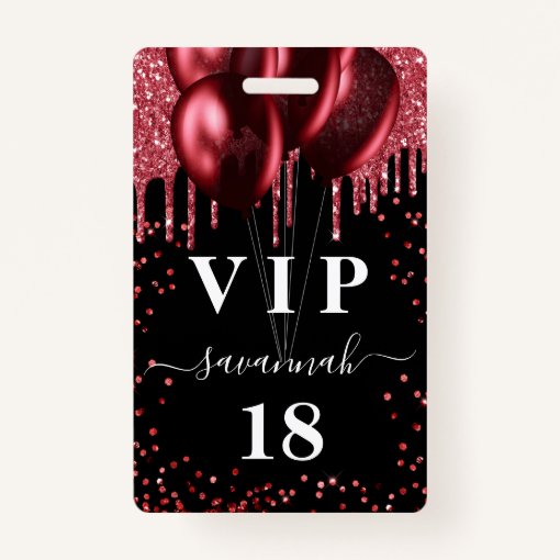 Birthday black red balloons glitter vip badge | Zazzle