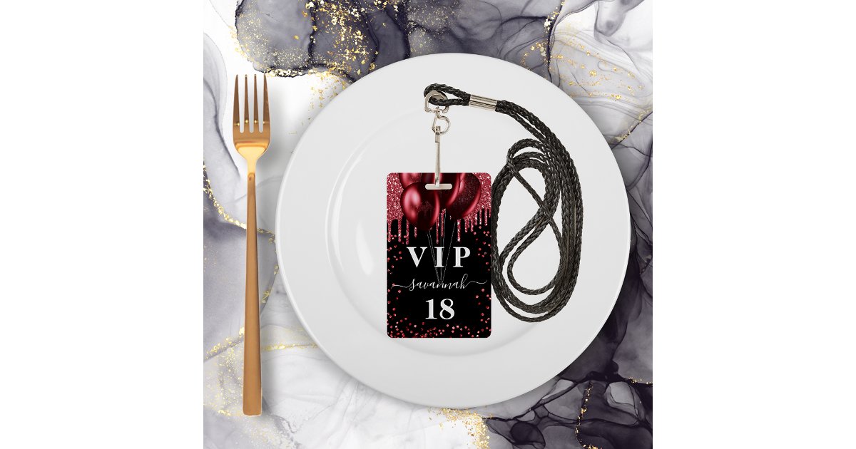Birthday black red balloons glitter vip badge | Zazzle