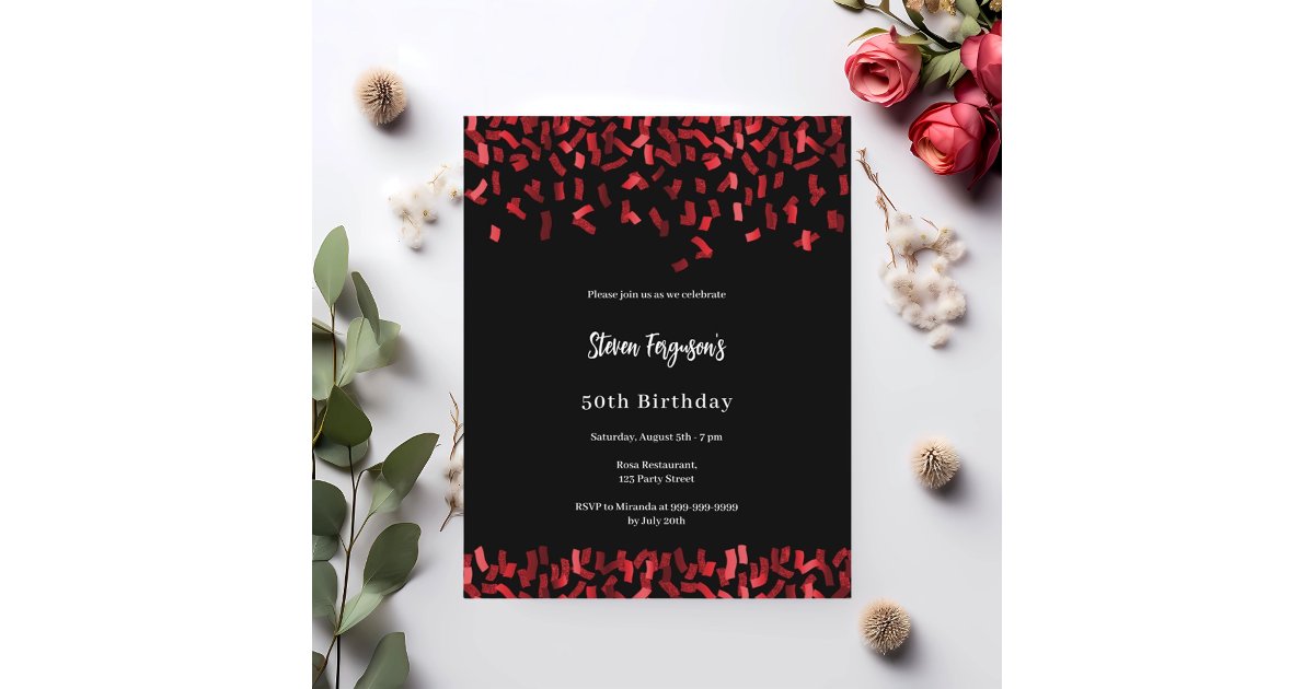 Birthday black red confetti invitation | Zazzle