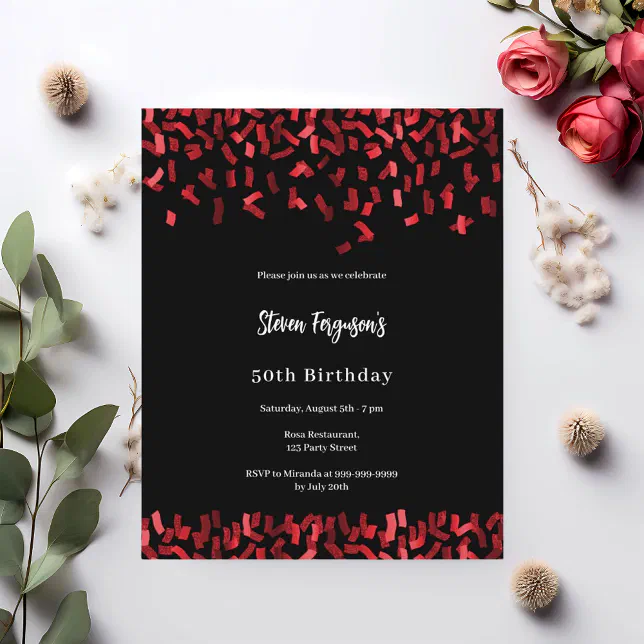 Birthday black red confetti invitation | Zazzle