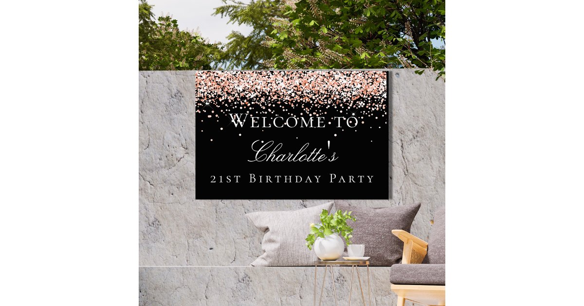 Birthday black rose gold glitter welcome sign | Zazzle