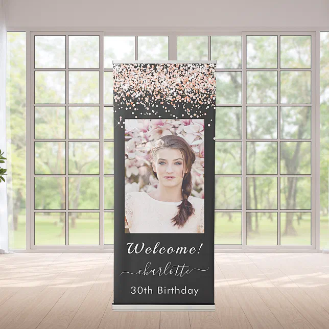 Birthday black rose gold photo welcome retractable banner | Zazzle