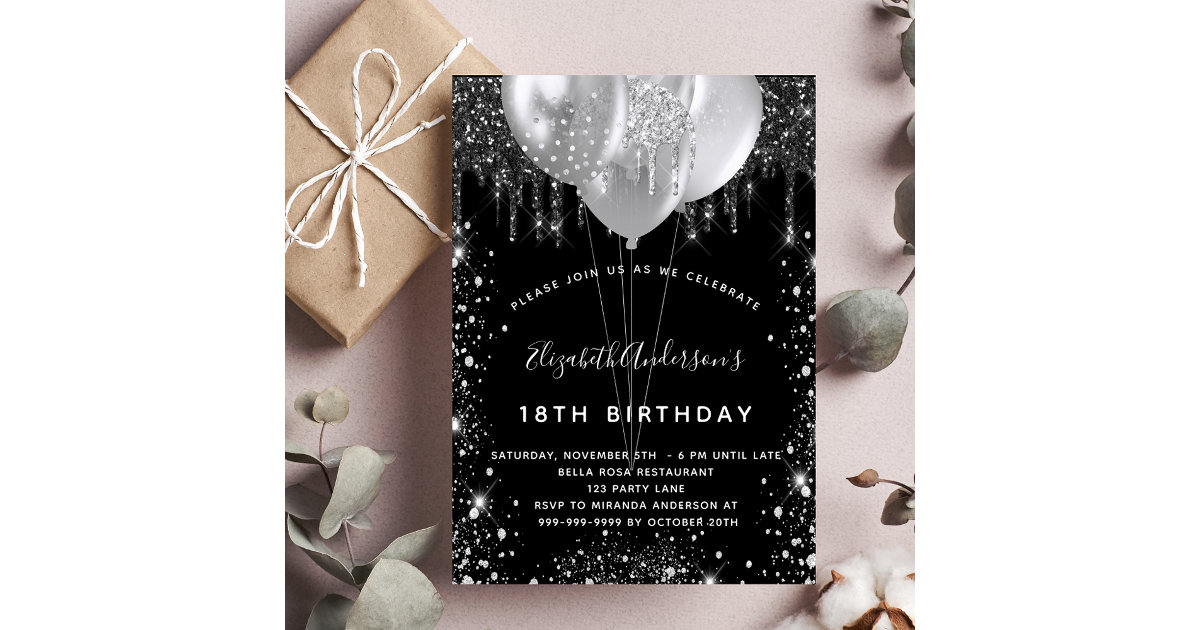Birthday black silver glitter balloons invitation | Zazzle