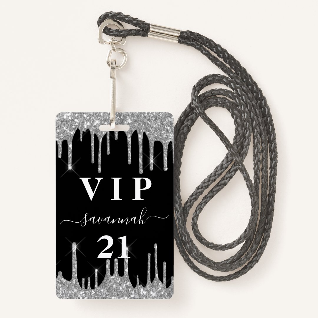 Birthday black silver glitter drips vip invitation badge | Zazzle