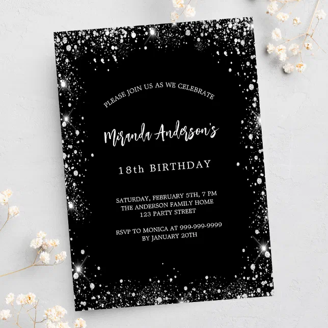Birthday black silver glitter luxury invitation | Zazzle