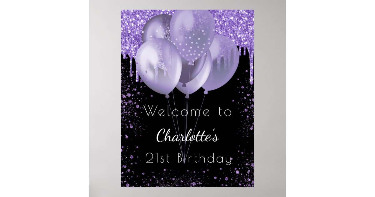 Birthday black violet glitter welcome balloons poster | Zazzle
