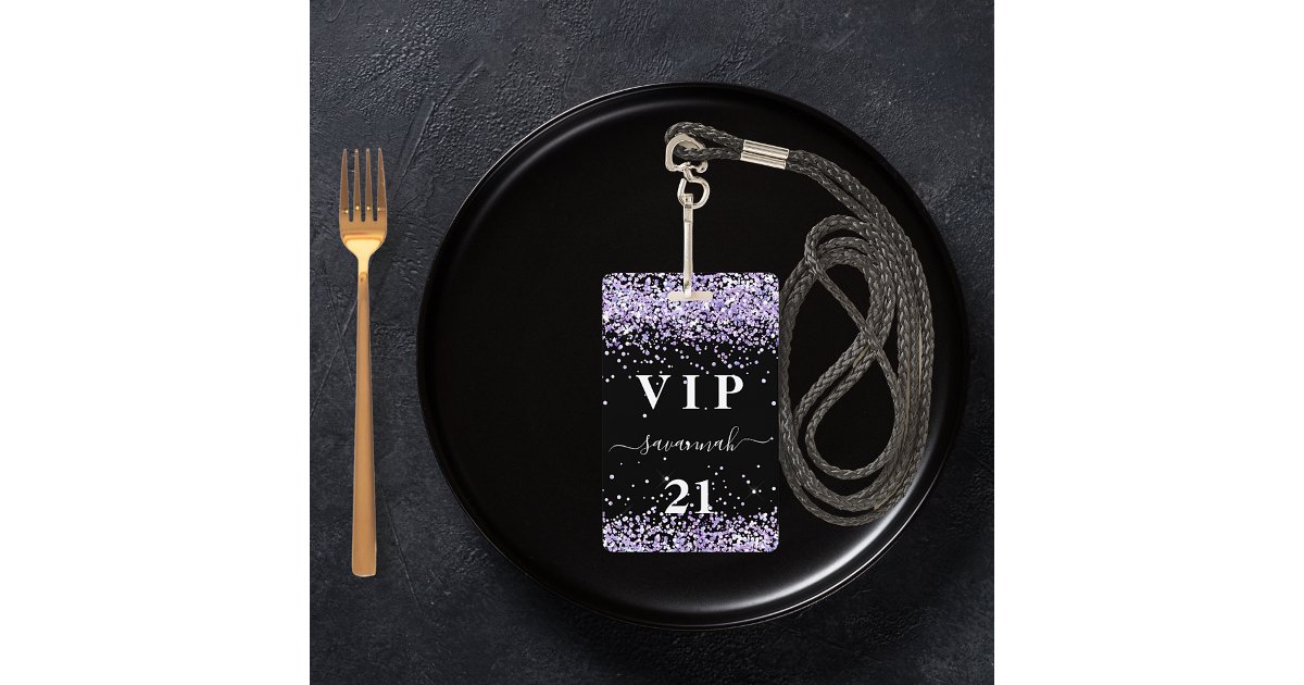 Birthday black violet lavender vip invitation badge | Zazzle