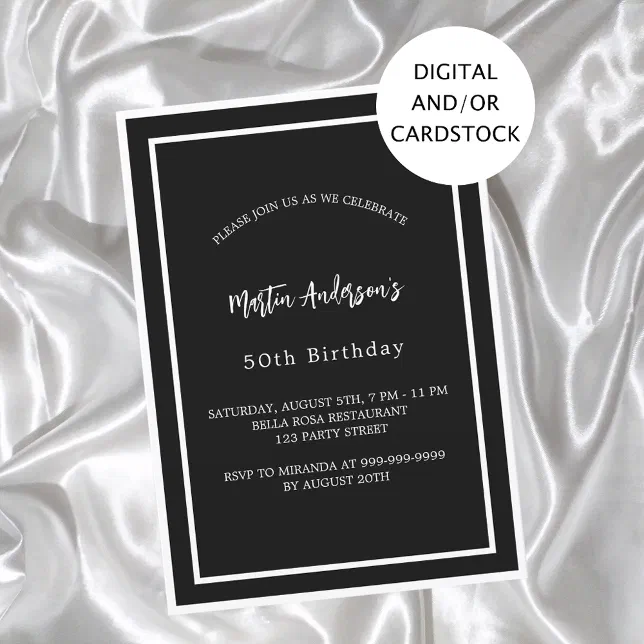 Birthday black white minimalist men guy invitation | Zazzle