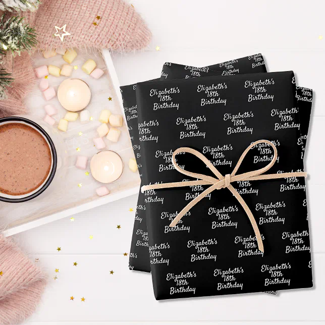 Birthday black white name script minimalist wrapping paper sheets | Zazzle