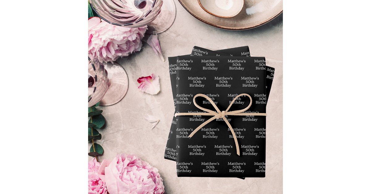 Birthday black white name script minimalist wrapping paper sheets | Zazzle