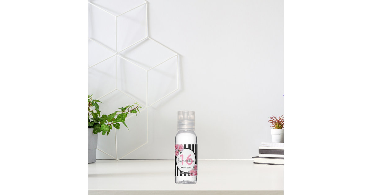 Birthday black white stripes pink florals monogram hand sanitizer | Zazzle