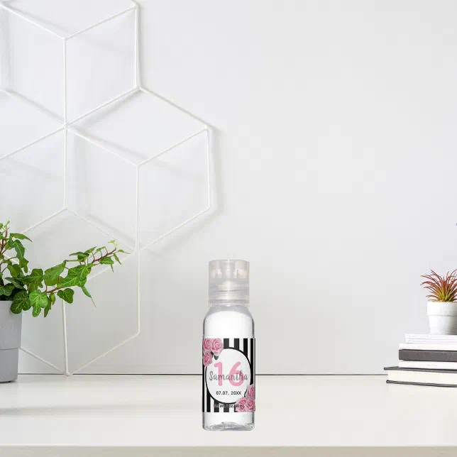 Birthday black white stripes pink florals monogram hand sanitizer | Zazzle