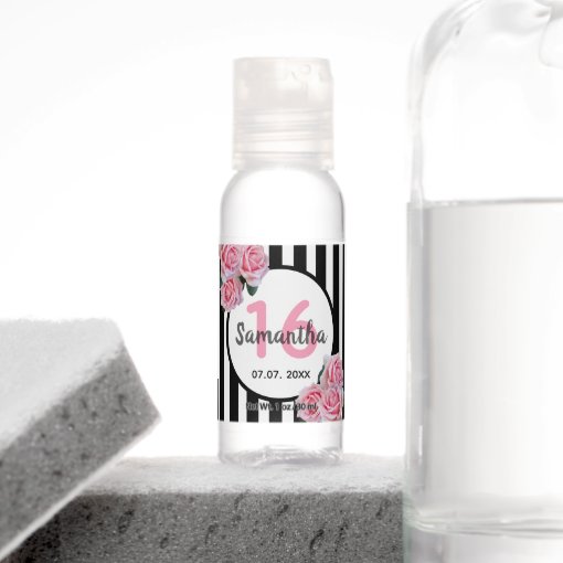 Birthday black white stripes pink florals monogram hand sanitizer | Zazzle