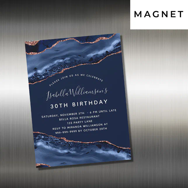Birthday blue agate rose gold magnet invitation | Zazzle