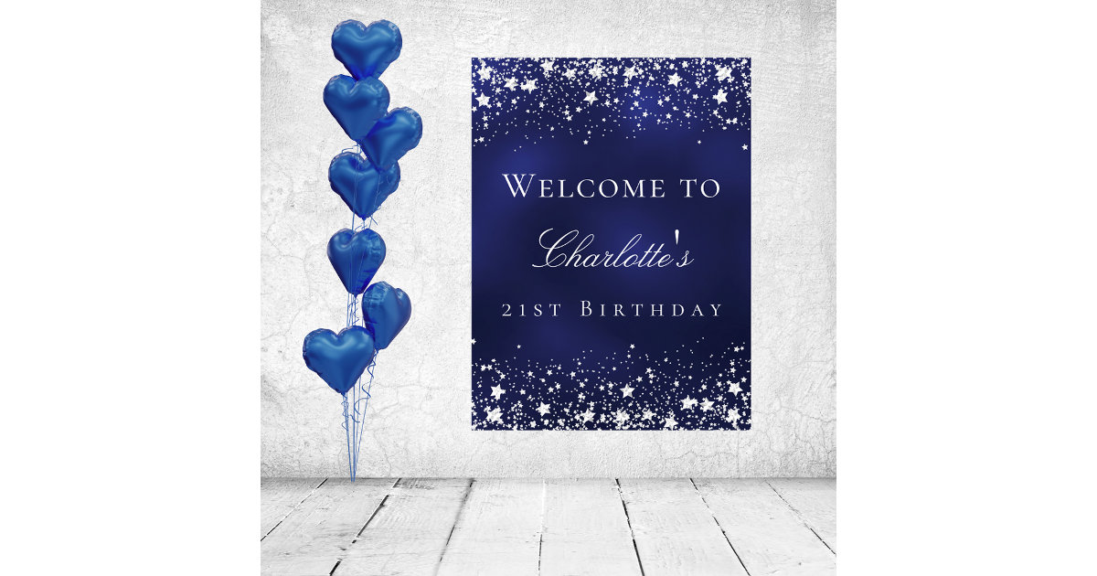 Birthday blue silver stars welcome party poster | Zazzle