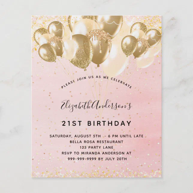 Birthday blush pink gold glitter balloons budget flyer | Zazzle