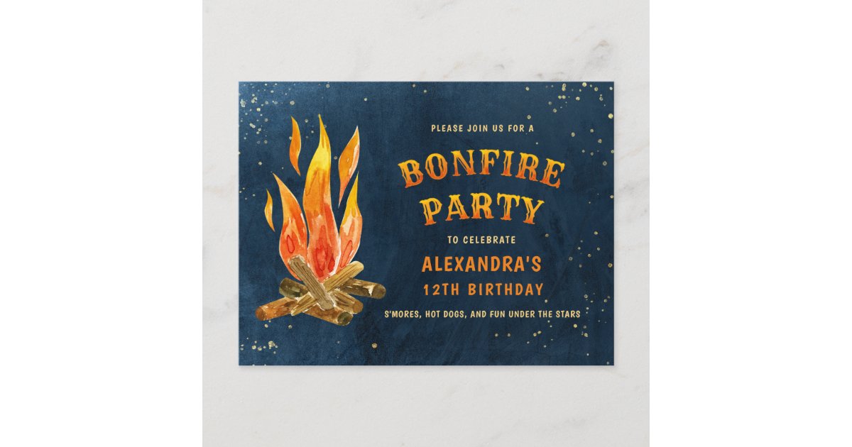 Birthday Bonfire Party Watercolor Invitation Postcard | Zazzle