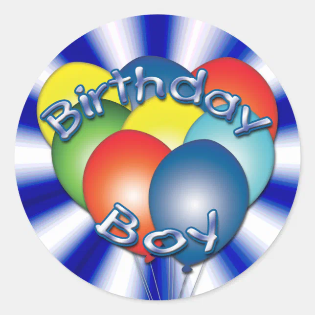 Birthday Boy Balloons Round Stickers | Zazzle