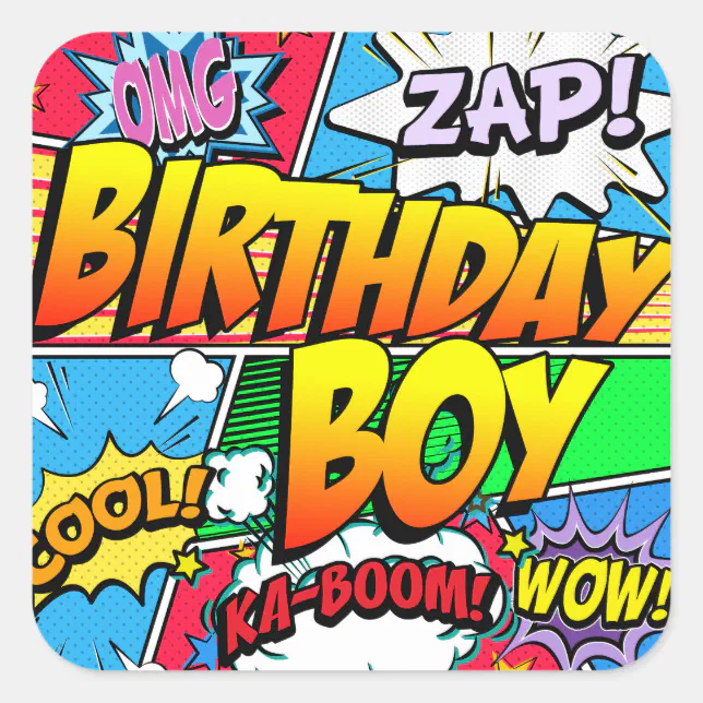 Birthday Boy Comic Book Square Sticker | Zazzle