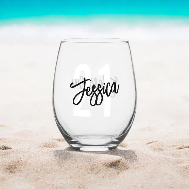 Birthday Brush Script Modern Stemless Wine Glass | Zazzle