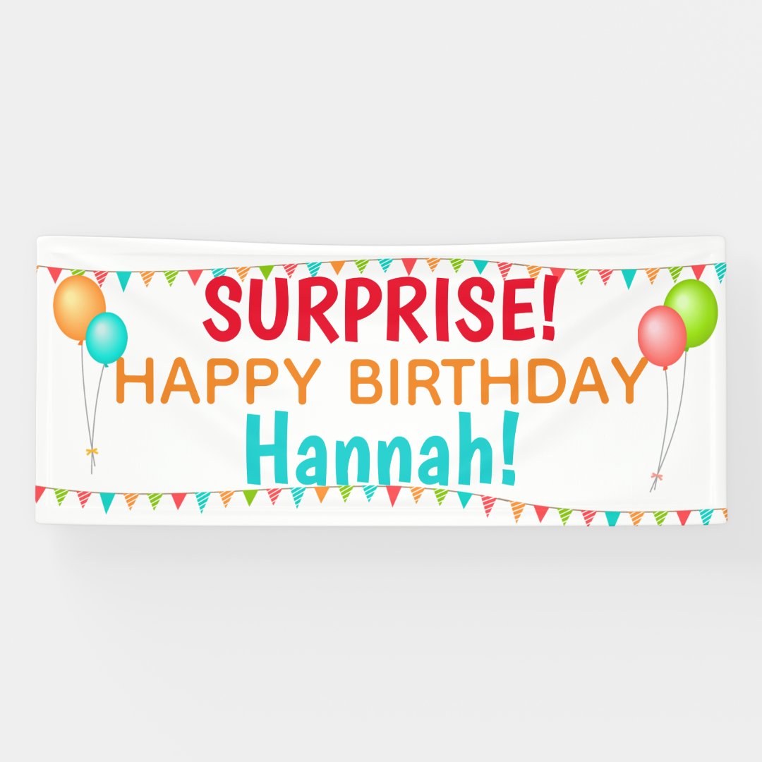 Birthday Bunting and Balloons Surprise Party Banner | Zazzle