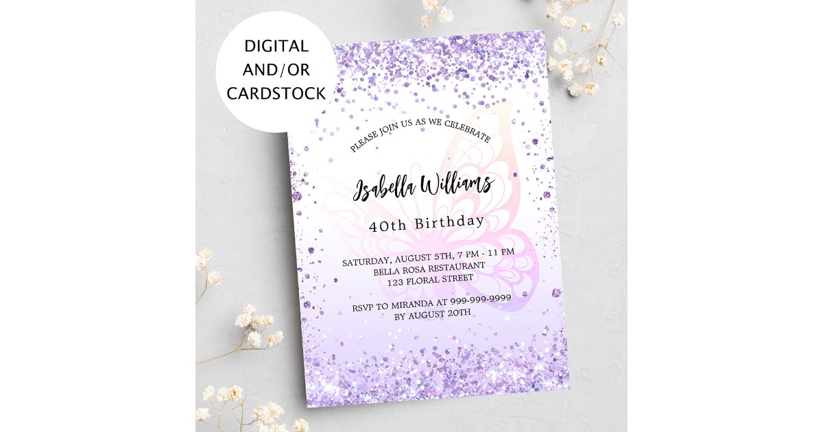 Birthday butterfly violet lavender script invitation | Zazzle