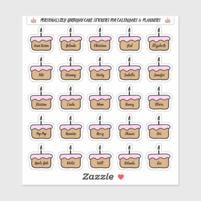 Birthday cake stickers for calendars and planners | Zazzle