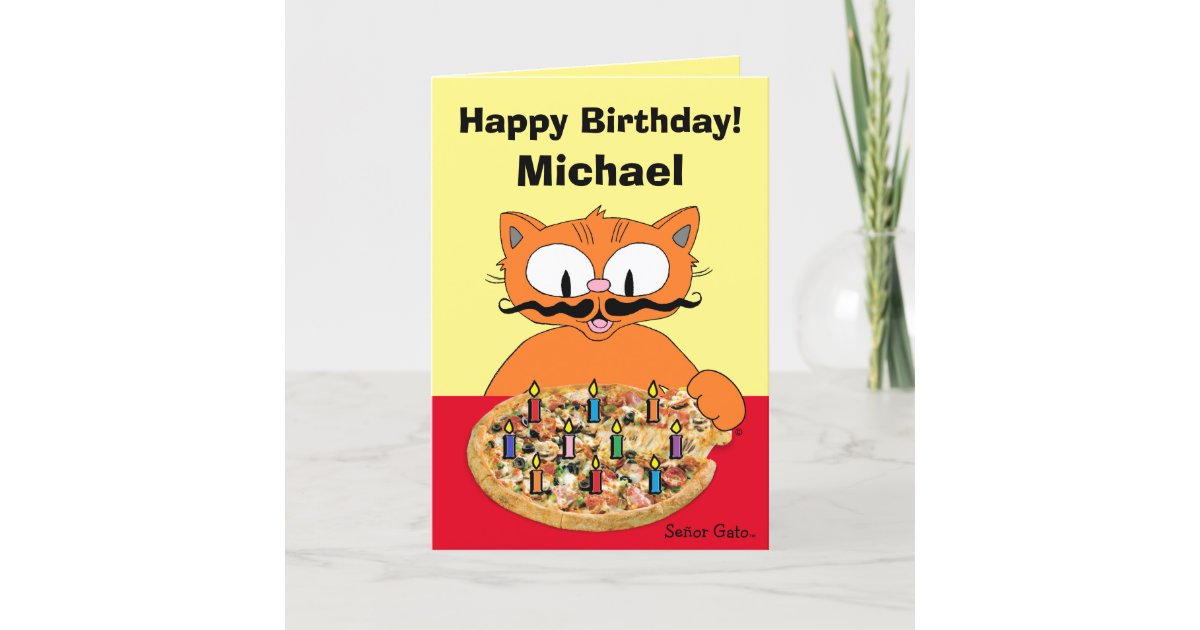 Birthday Card Personalized Pizza Party Cat | Zazzle