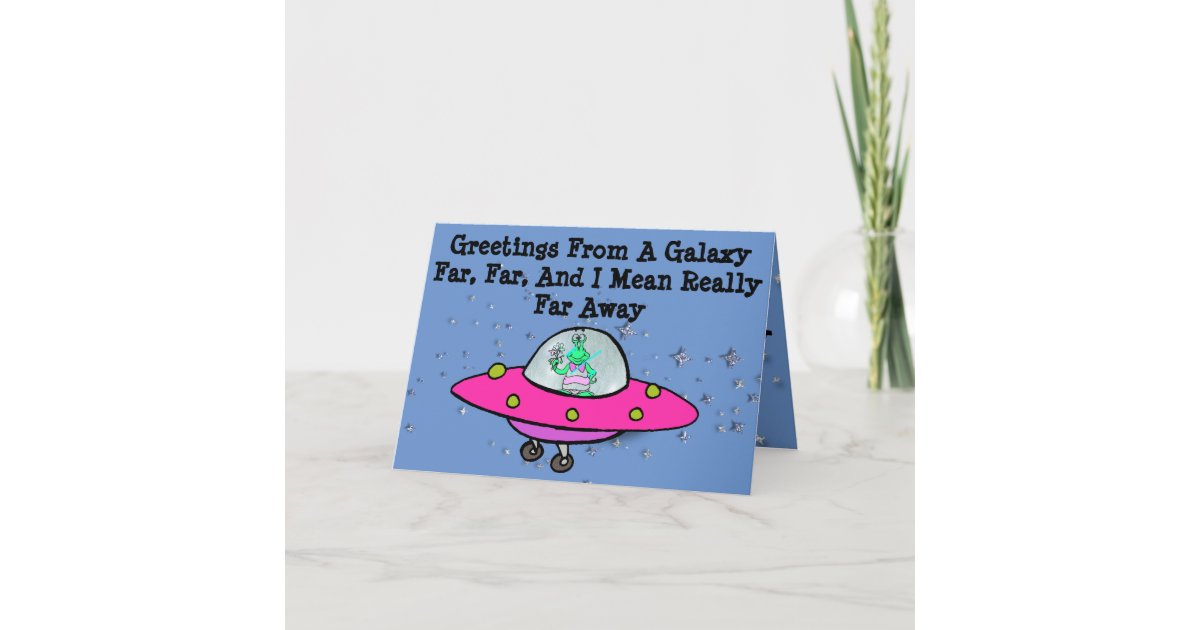 Birthday Card with Alien, Spaceship, and Balloons | Zazzle