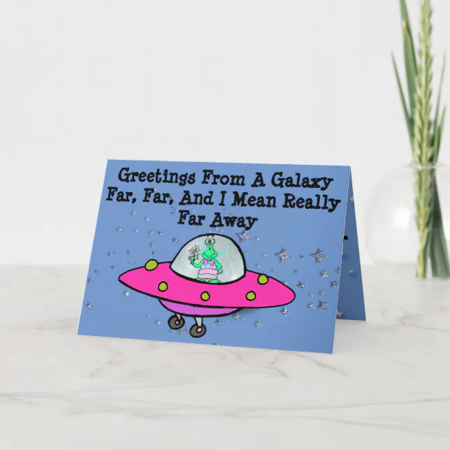 Birthday Card with Alien, Spaceship, and Balloons | Zazzle