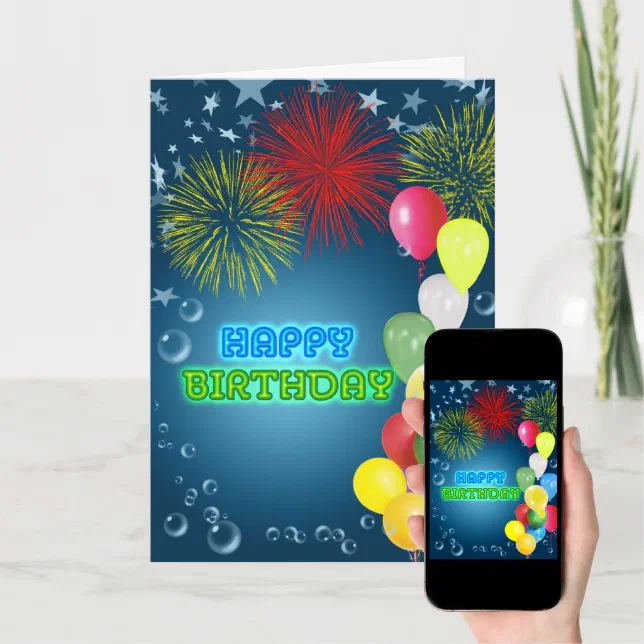 Birthday card with fireworks and balloons | Zazzle