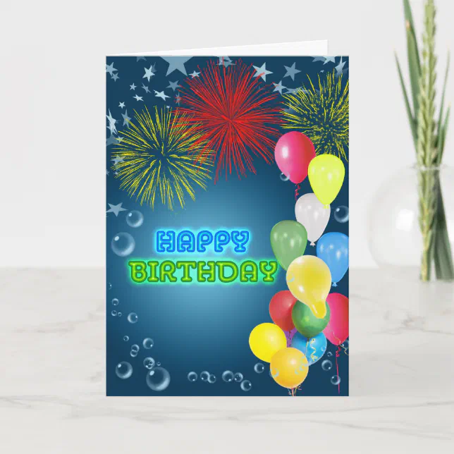 Birthday card with fireworks and balloons | Zazzle