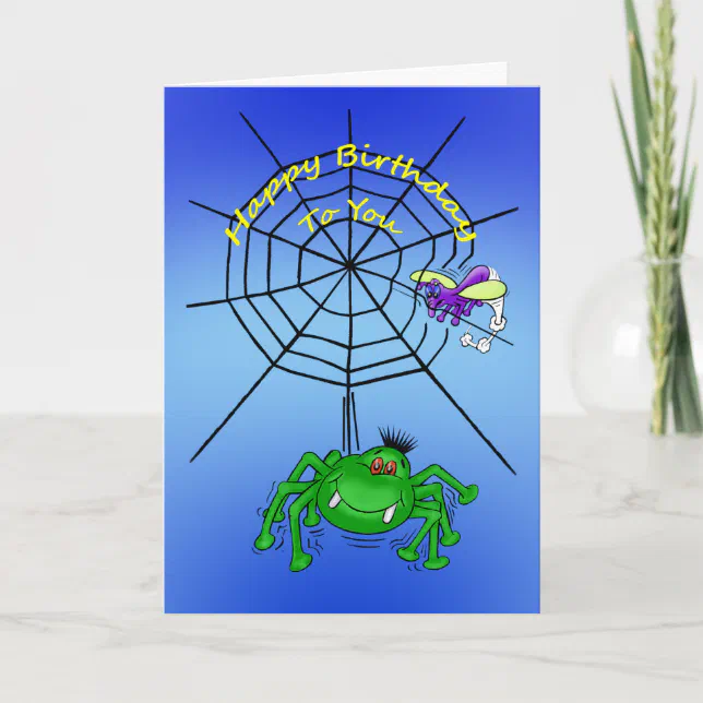 Birthday Cartoon Caricature of A Spider in a Web Card | Zazzle