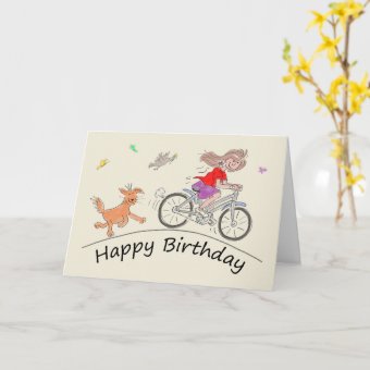 Birthday Cartoon Caricature of Female Riding Bike Card | Zazzle