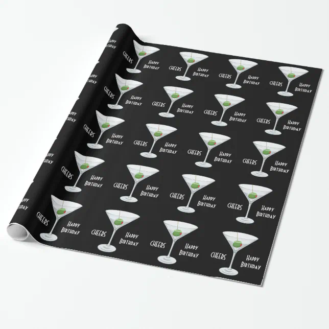 Birthday Cheers Martini Glass Olive Cocktail Black Wrapping Paper | Zazzle