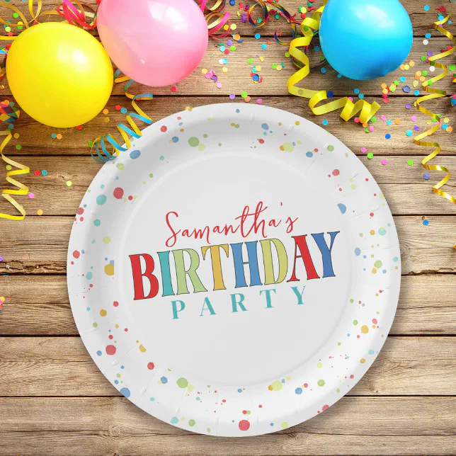 Birthday Colorful Confetti Whimsical Calligraphy Paper Plates | Zazzle
