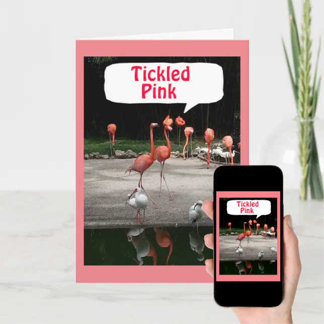 BIRTHDAY COMPLIMENT FLAMINGOS ARE "TICKLED PINK" CARD | Zazzle