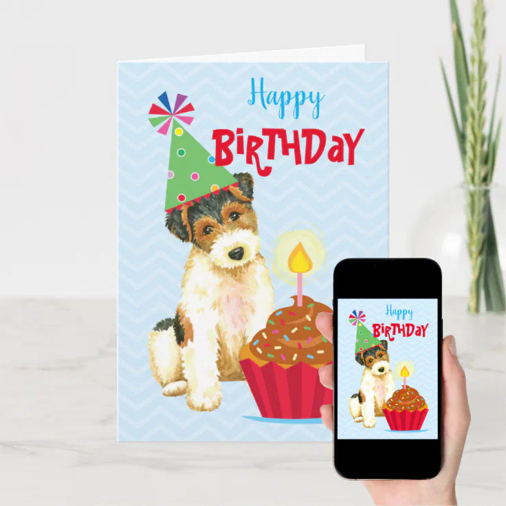Birthday Cupcake Wire Fox Terrier Card | Zazzle