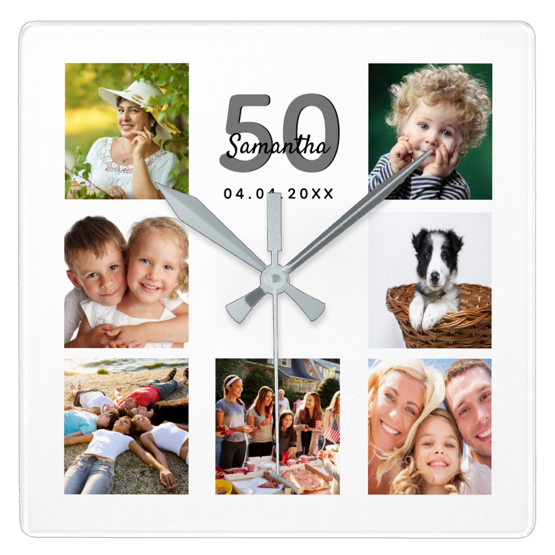 Birthday custom family photo collage milestone square wall clock | Zazzle