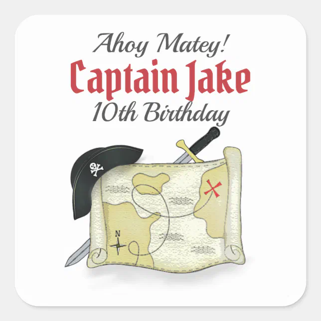 Birthday Custom Favors Typography Pirate Map Square Sticker | Zazzle